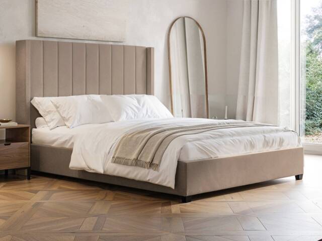 Flair Tiggy Double Ottoman Bed with Winged Headboard Beige Velvet by Bed Kingdom | ufurnish.com