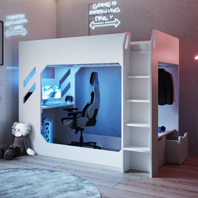 Recoil Shuttle Single LED Gaming High Sleeper White by Bed Kingdom ...