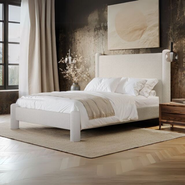 Flair Rayne Double Pillar Bed Beige Boucle by Bed Kingdom | ufurnish.com
