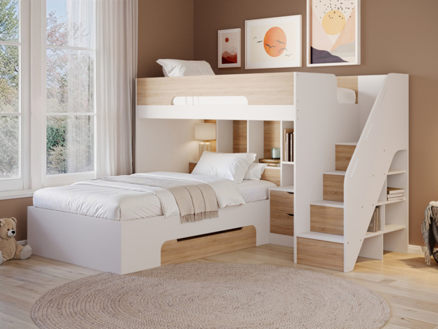 Flair Greyson Staircase Triple Bunk Bed with Storage White & Oak by Bed Kingdom | ufurnish.com