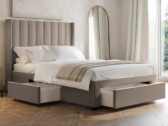 Flair Tiggy Storage Bed with Winged Headboard Beige Velvet Double by Bed Kingdom | ufurnish.com