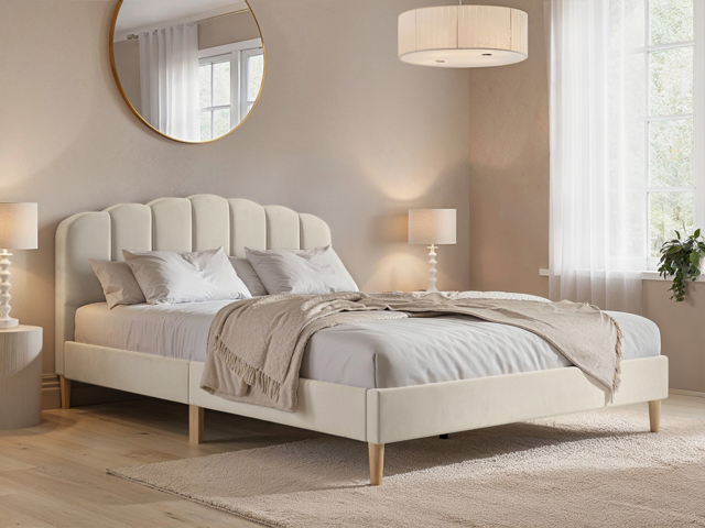 Flair Scallop Double Velvet Bed Frame Beige by Bed Kingdom | uFurnish.com