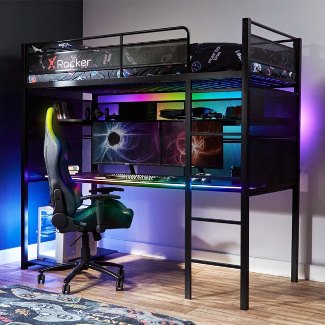 X Rocker Battlebunk Gaming High Sleeper Bed with RGB Lighting and Desk ...