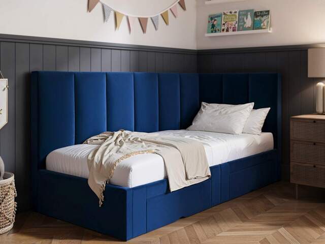Flair Harley Velvet Corner Bed Frame with Storage Drawers Navy by Bed ...