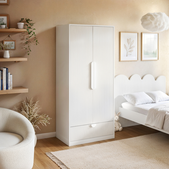 Flair Calista Ribbed Wardrobe 2 Doors with Drawer White by Bed Kingdom ...