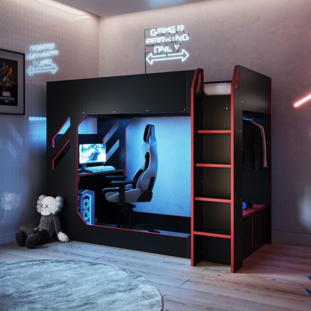 Recoil Shuttle Single LED Gaming High Sleeper Black & Red by Bed ...