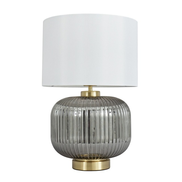 Lyna Table Lamp with Smoked Glass Base and White Shade, Satin Brass by ...