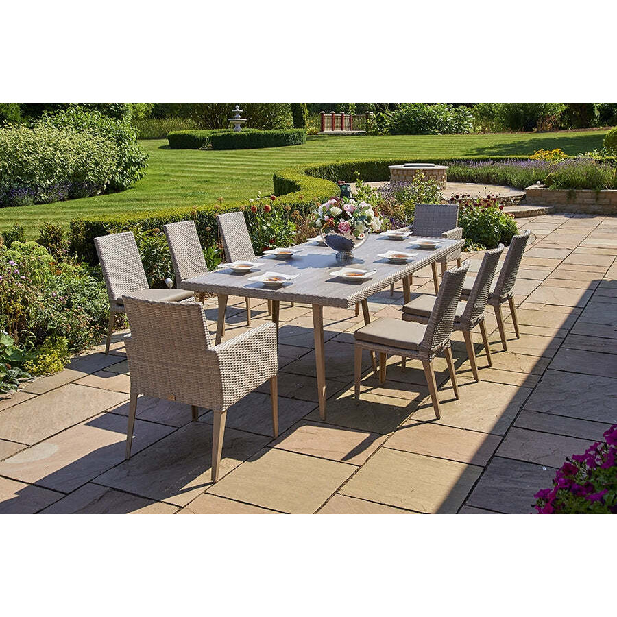 Rectangular Rattan Garden Dining Table (240cm) with 8 Dining Chairs in Stone - Hampstead ...