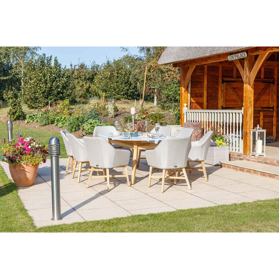 220cm Henley Porcelain Marble & Teak Oval Garden Dining Table with 8 ...