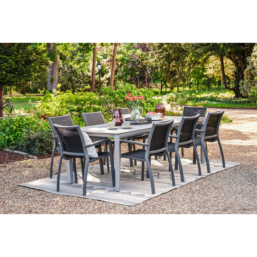 220cm Paris Volcano/Grey Rectangular Dining Table with 8 Volcano/Black ...