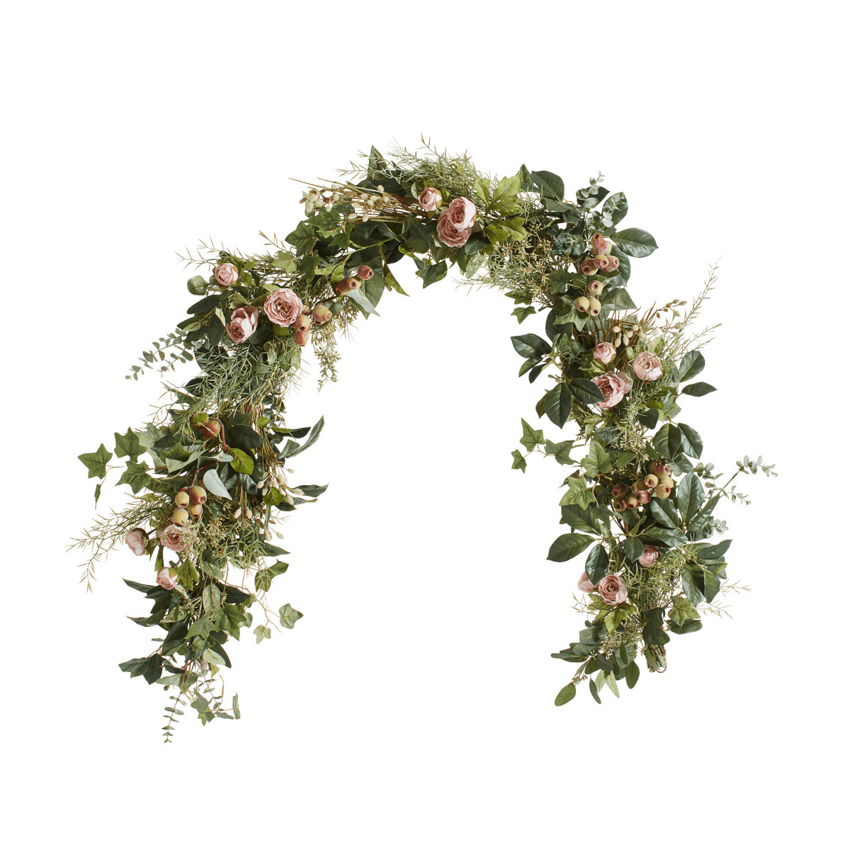 OKA, Large Faux Tea Rose and Eucalyptus Garland - Pink/Green, Wreaths ...