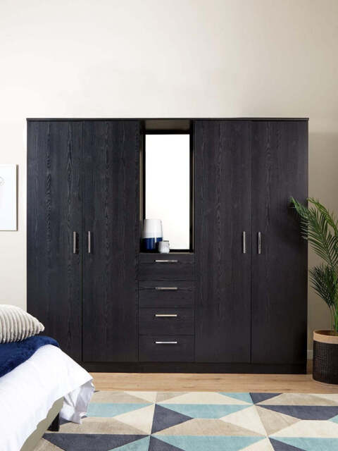 "Panama 4 Door 4 Drawer Combi Fitment Wardrobe with Mirror Black Modern ...
