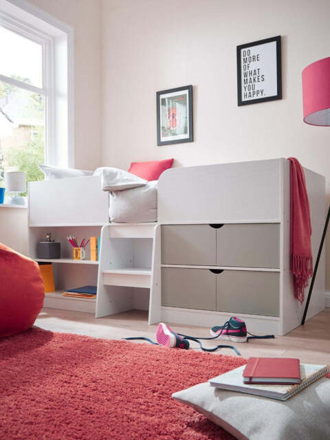 "Ted Mid Sleeper Bed with Storage Grey White Space-saving Kid's ...