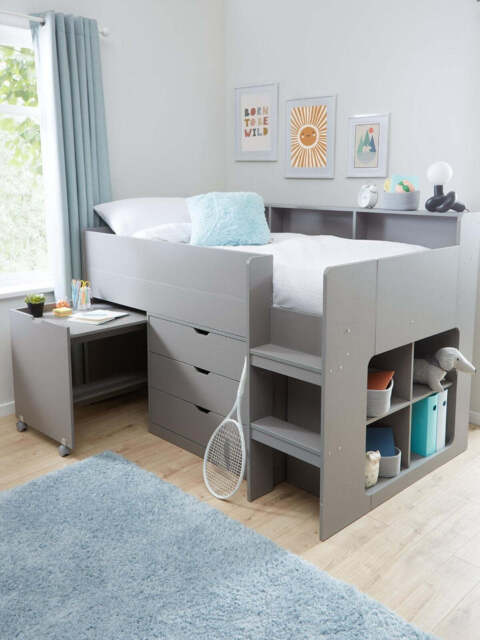 "Aspen Mid Sleeper Bed Frame with Desk, Drawers and Shelves Grey Oak ...