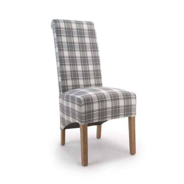 Pair of Classic Roll Back Dining Chairs Wood & Fabric Light Grey Check ...