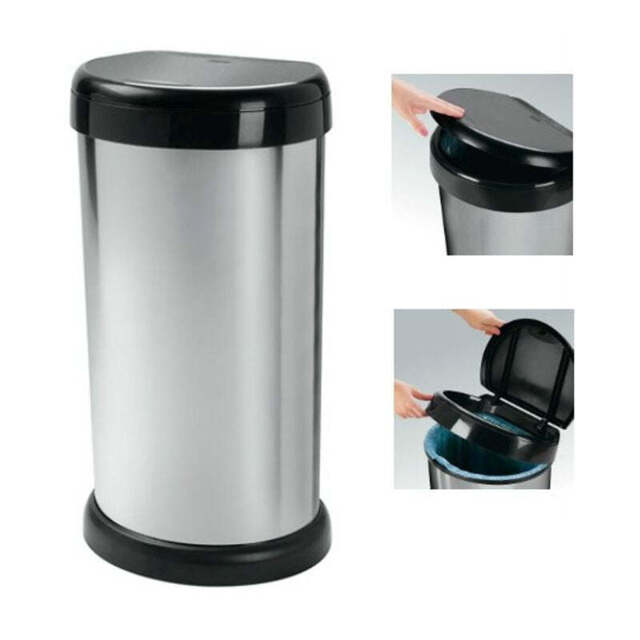 Plastic Bin Touch Button Lid 42 Litres - Silver & Black by Moda by ...