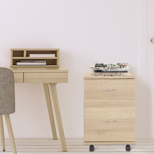 Homcom Mobile Wooden 2 Drawers Cabinet Storage Box With Wheels (Oak) by ...