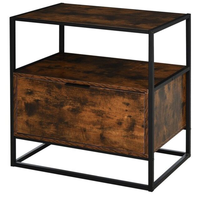 Homcom Industrial-Style Side Table W/ Drawer Open Shelf Steel Frame ...