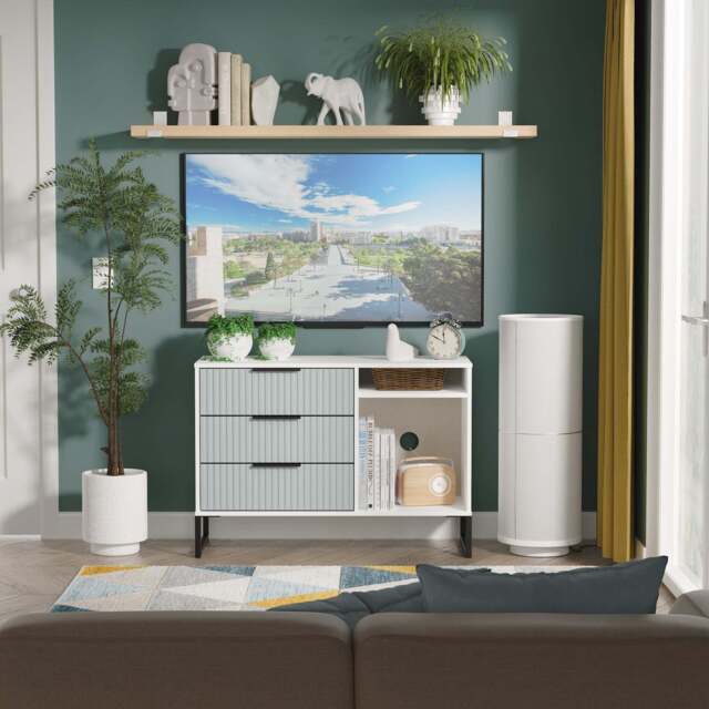 Fluted TV Unit Teal & White 2 Shelves 3 Drawers 97cm by Cherry Lane ...