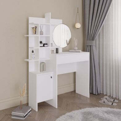 Freyja Tall Dressing Table White 1 Door 5 Shelves 1 Drawer by Cherry ...