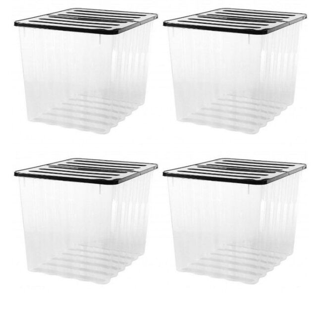 4 x Plastic Storage Boxes 110 Litres Extra Large - Clear & Black Supa ...