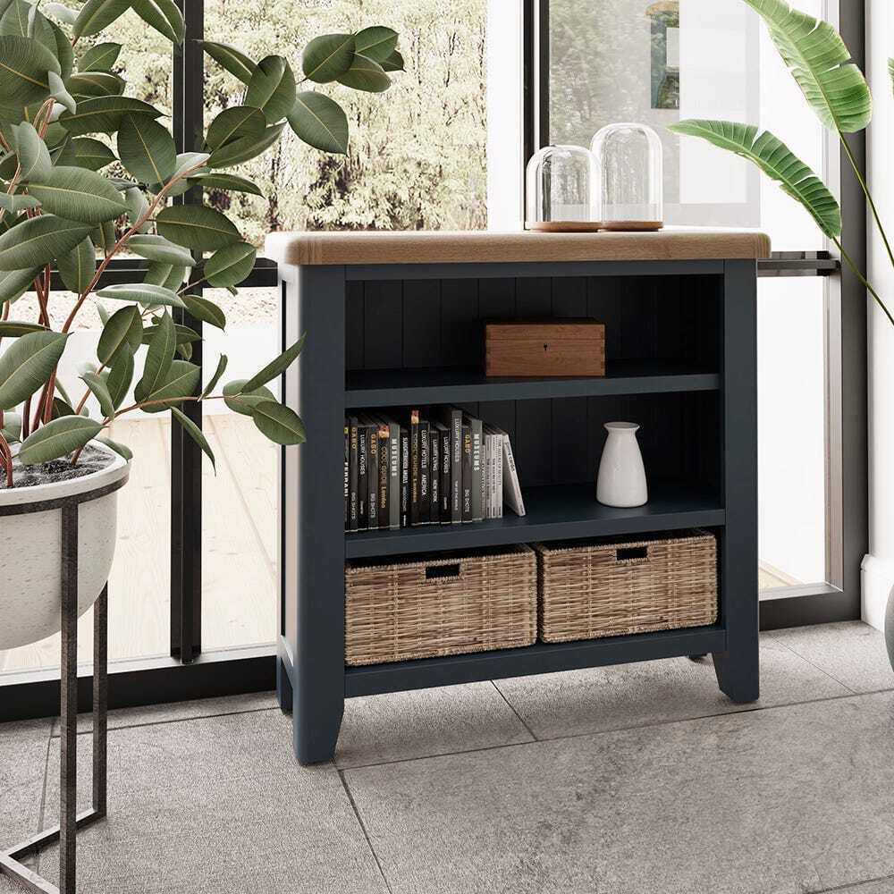 Wessex Smoked Oak Blue Painted Small Bookcase with Wicker Baskets by ...