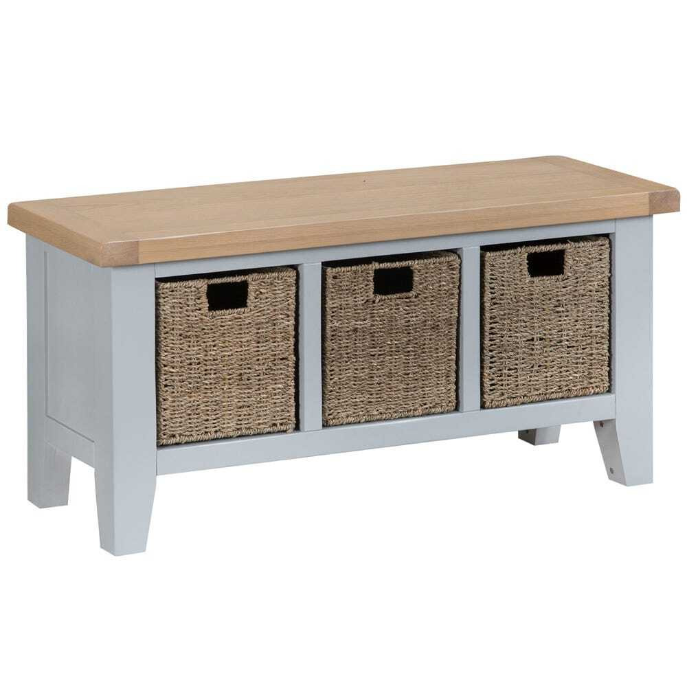 Suffolk Grey Painted Oak Large Hall Bench with Wicker Baskets by ...