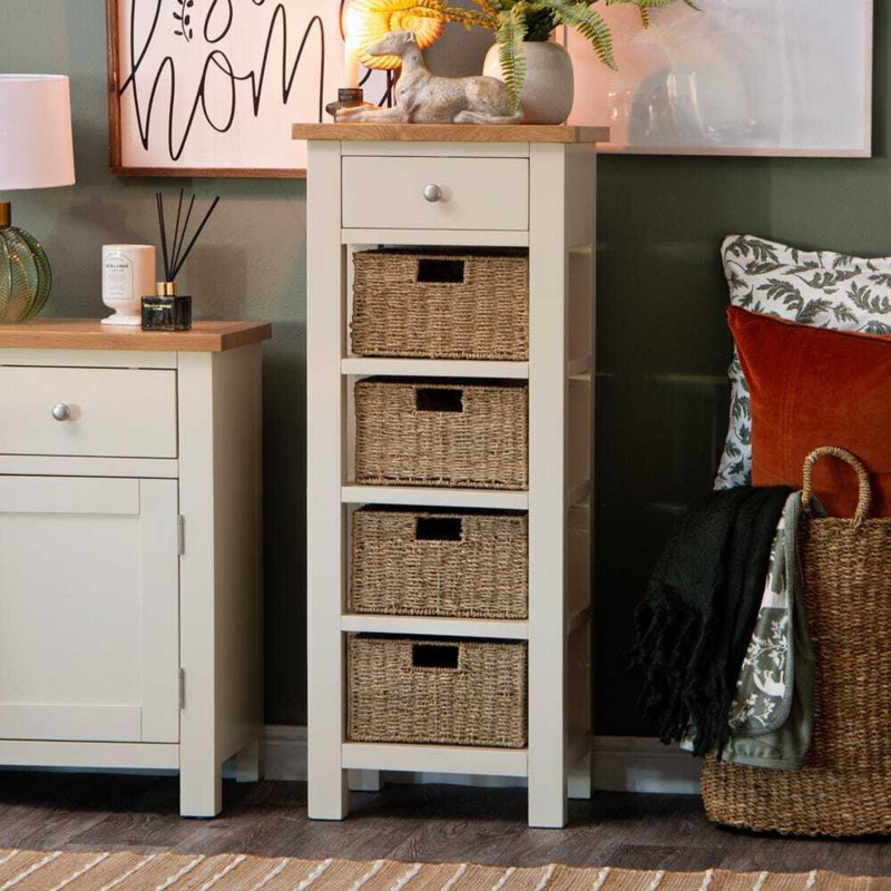 Salisbury Ivory Painted Oak 5 Drawer Tallboy with Wicker Baskets by ...