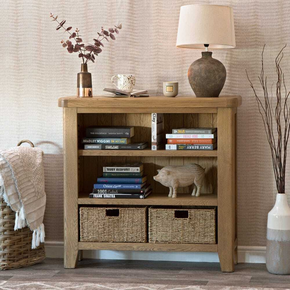 Wessex Smoked Oak Small Bookcase with Wicker Baskets by Chiltern Oak ...