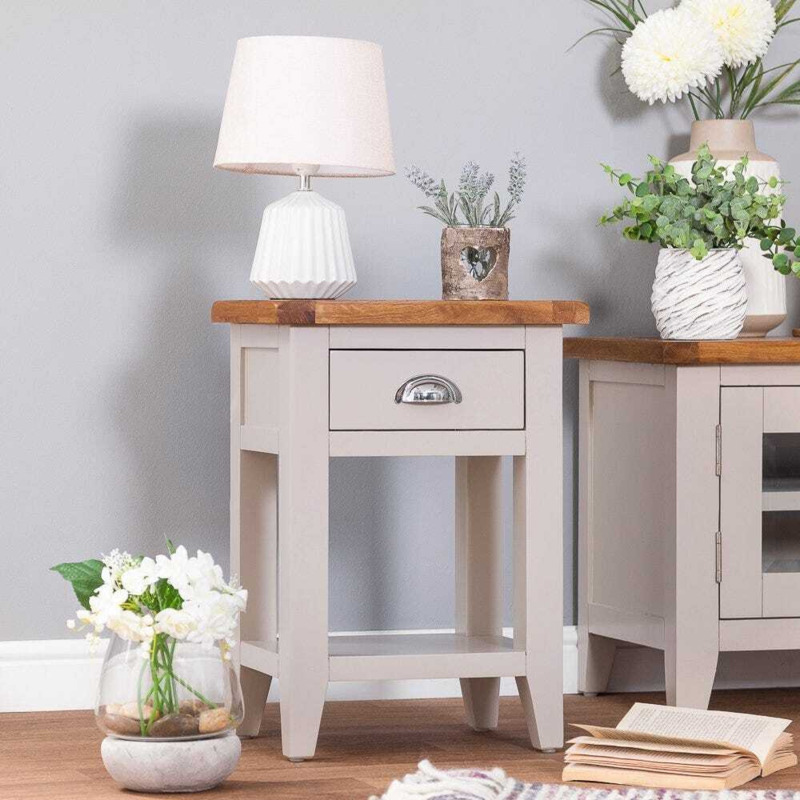 Chester Stone Painted Oak 1 Drawer Small Lamp Table by Chiltern Oak Furniture | ufurnish.com