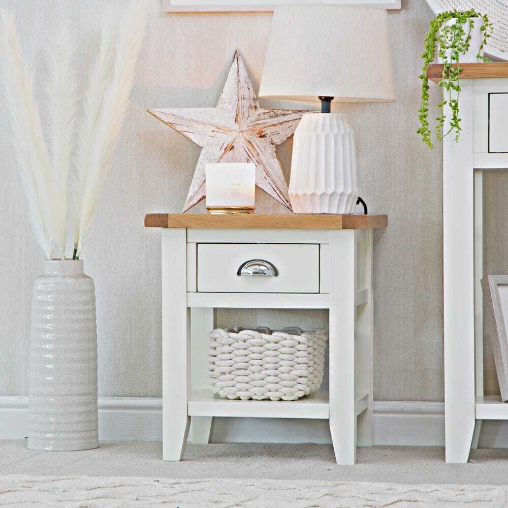 Chester White Painted Oak 1 Drawer Large Lamp Table by Chiltern Oak Furniture ufurnish