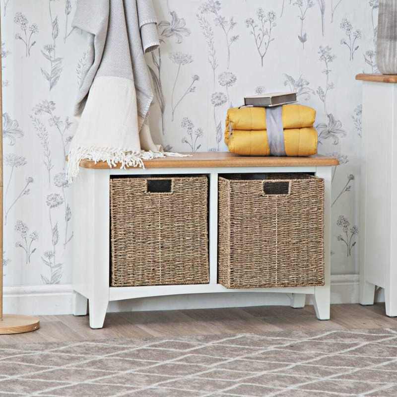 Gloucester White Painted Hall Bench with Wicker Baskets by Chiltern Oak ...