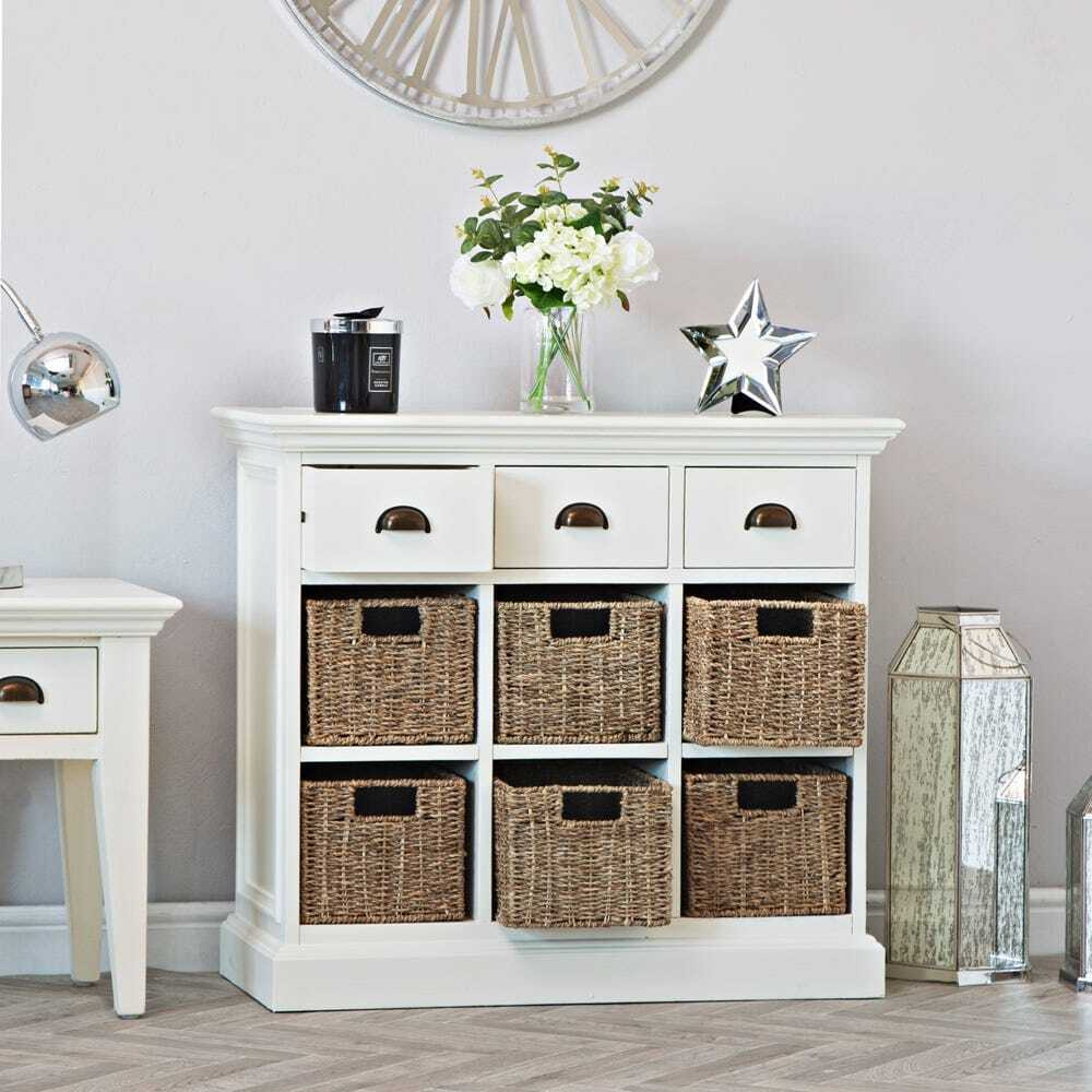 Monaco White Wicker 3 Drawer 6 Wicker Basket Sideboard by Chiltern Oak ...