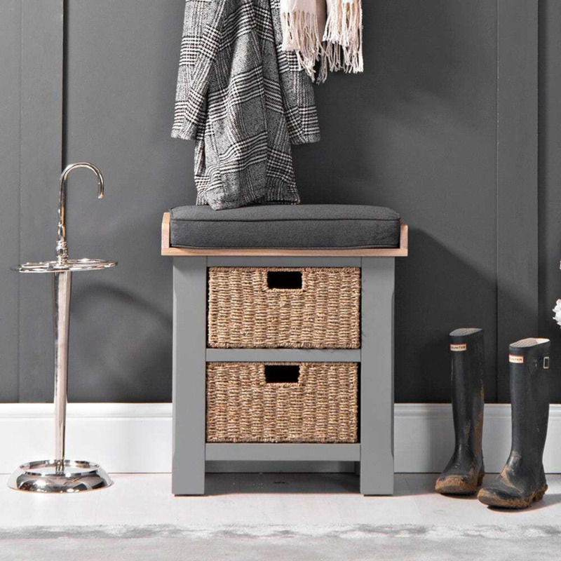 Dorset Storm Grey Painted Oak Small Hall Bench with Wicker Baskets by ...