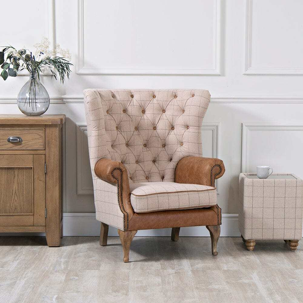 Vintage Natural Check Wing Chair in Leather and Tweed by Chiltern Oak ...