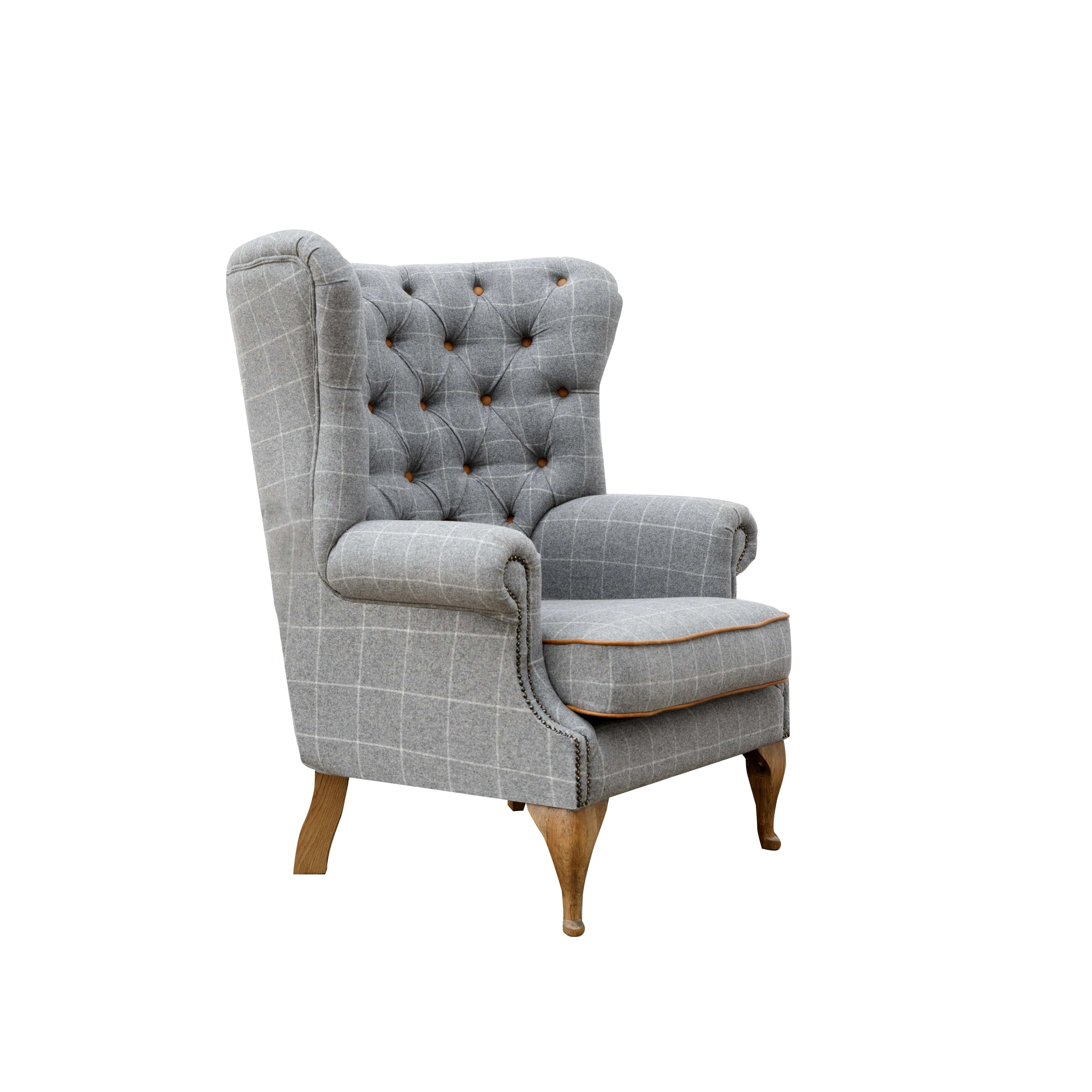 Vintage Grey Check Wing Chair in Tweed by Chiltern Oak Furniture ...