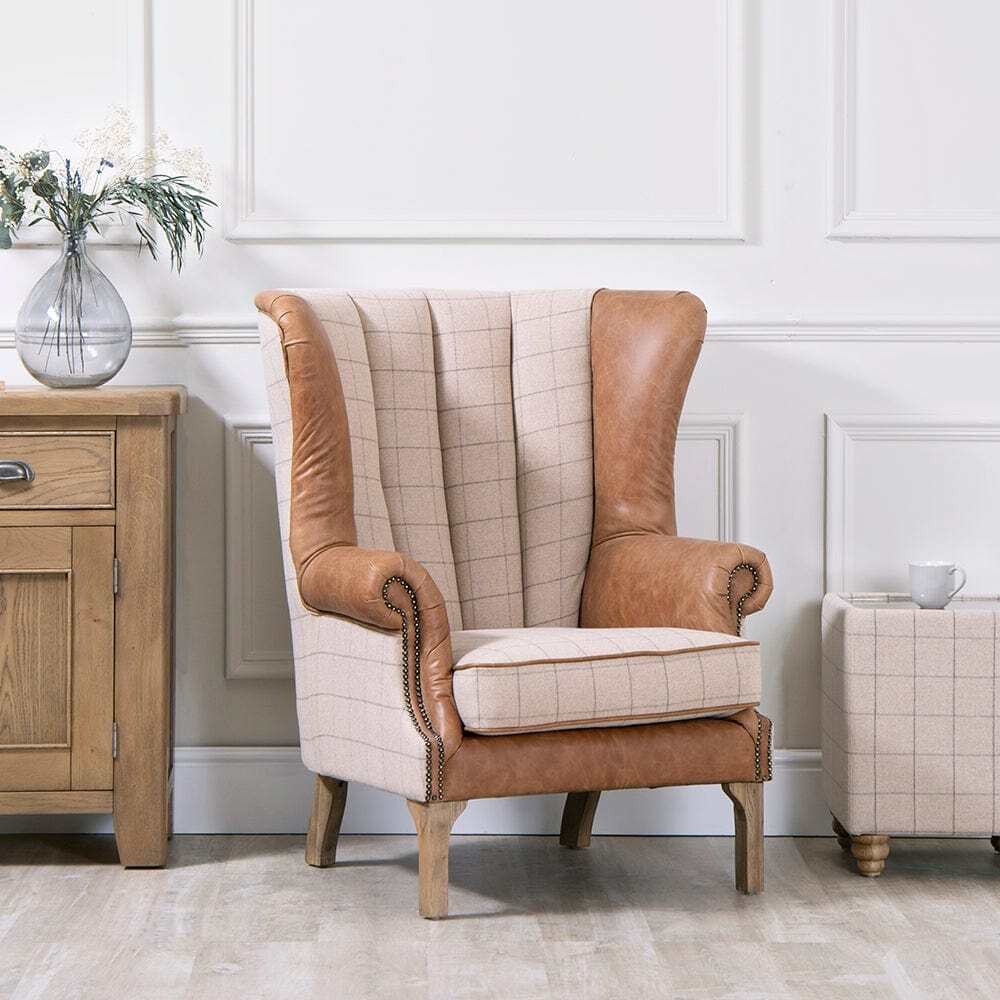 Vintage Natural Check Fluted Wing Chair in Leather and Tweed by ...