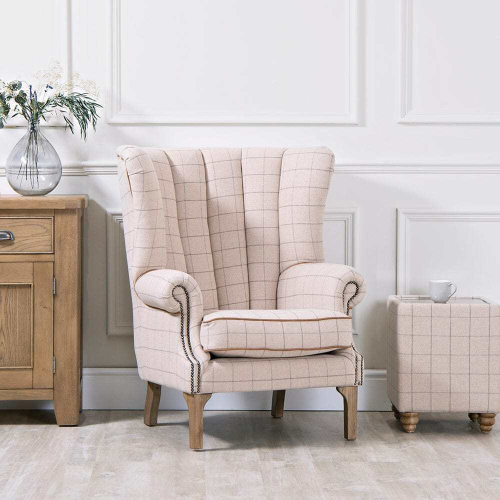 Vintage Natural Check Fluted Wing Chair in Tweed by Chiltern Oak ...
