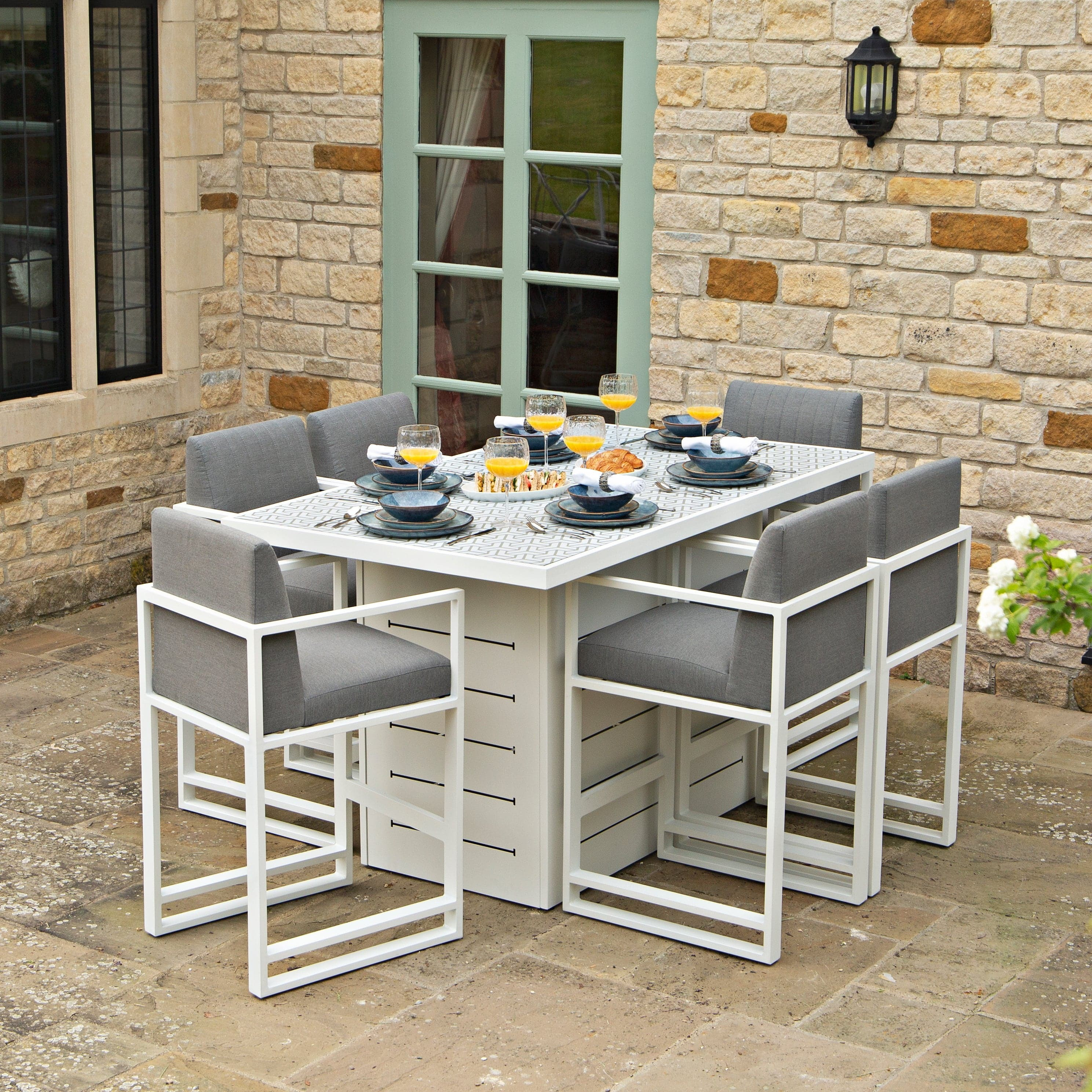 Salcombe Outdoor Living White Patterned Bar Table & 6 Light Grey Bar Stools by Chiltern Oak ...