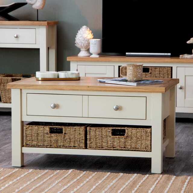 Salisbury Ivory Painted Oak Coffee Table with Wicker Baskets by ...