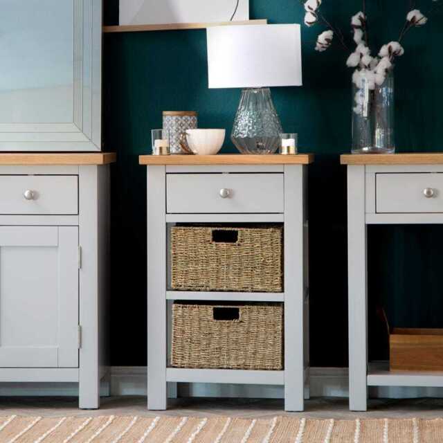 Salisbury Grey Painted Oak Telephone Table with Wicker Baskets by ...