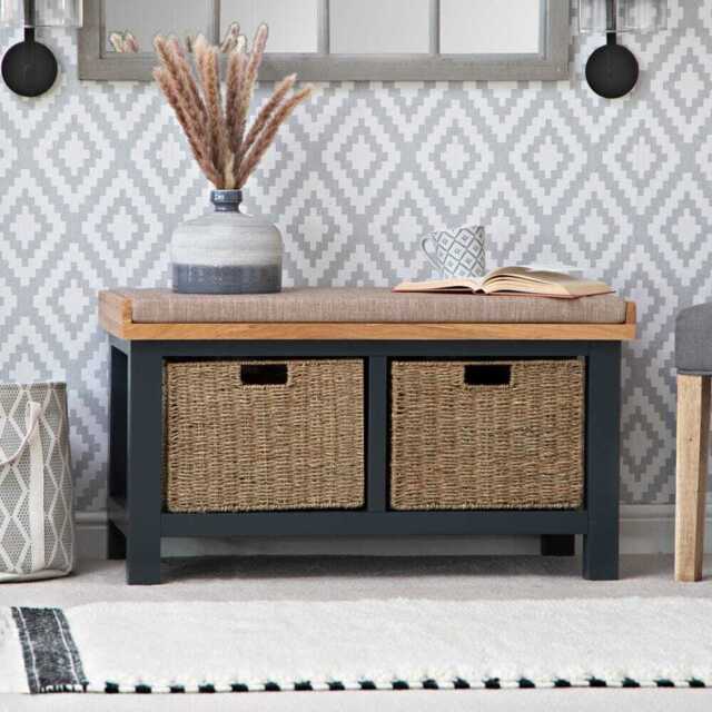 Salisbury Blue Painted Oak Hall Bench with Wicker Baskets by Chiltern ...