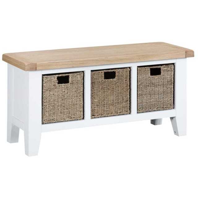 Suffolk White Painted Oak Large Hall Bench with Wicker Baskets by ...