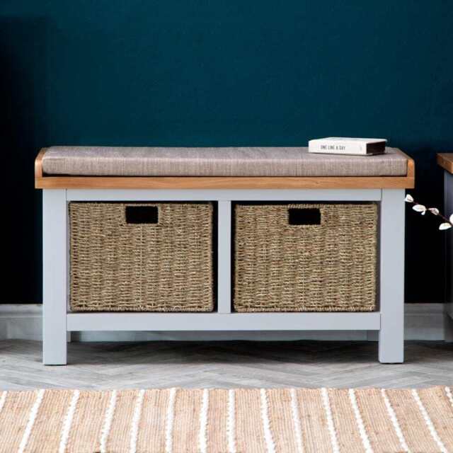 Salisbury Grey Painted Oak Hall Bench with Wicker Baskets by Chiltern ...
