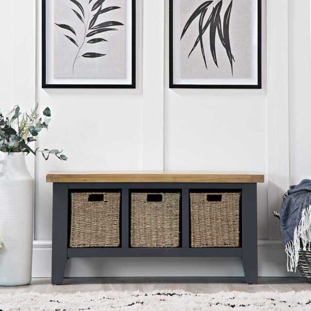Suffolk Midnight Grey Painted Oak Large Hall Bench with Wicker Baskets ...
