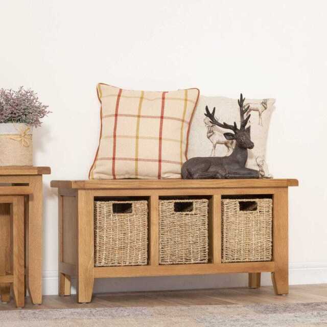 Rustic Oak Hall Bench with Wicker Baskets by Chiltern Oak Furniture ...