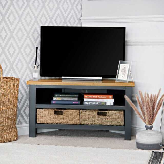 Salisbury Blue Painted Oak Corner TV Unit with Wicker Baskets by ...