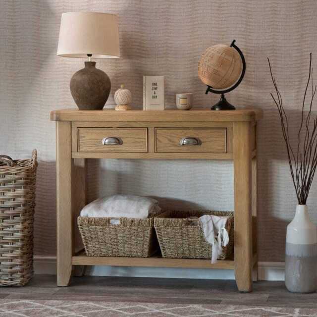 Wessex Smoked Oak Console Table with Wicker Baskets by Chiltern Oak ...