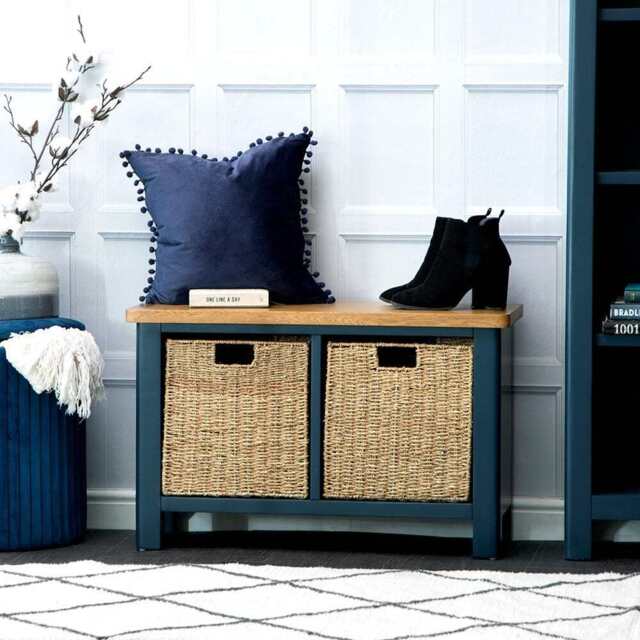 Rutland Blue Painted Oak Hall Bench with Wicker Baskets by Chiltern Oak ...