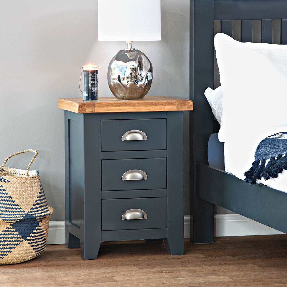 Hampshire Blue Painted Oak Large 3 Drawer Bedside Table by Chiltern Oak ...